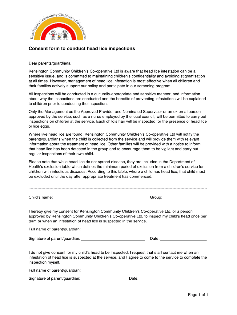Fillable Online kccc org Consent form to conduct head lice inspections ...