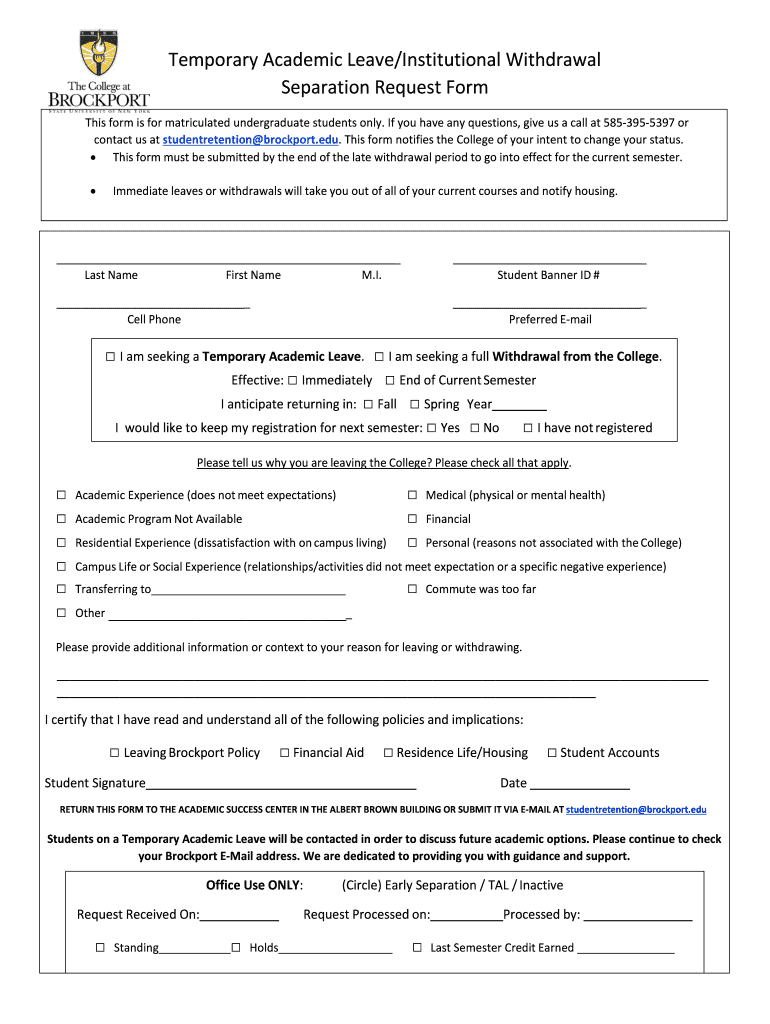 Fillable Online Temporary Academic Leave/ Institutional Withdrawal Separation Request Form ...