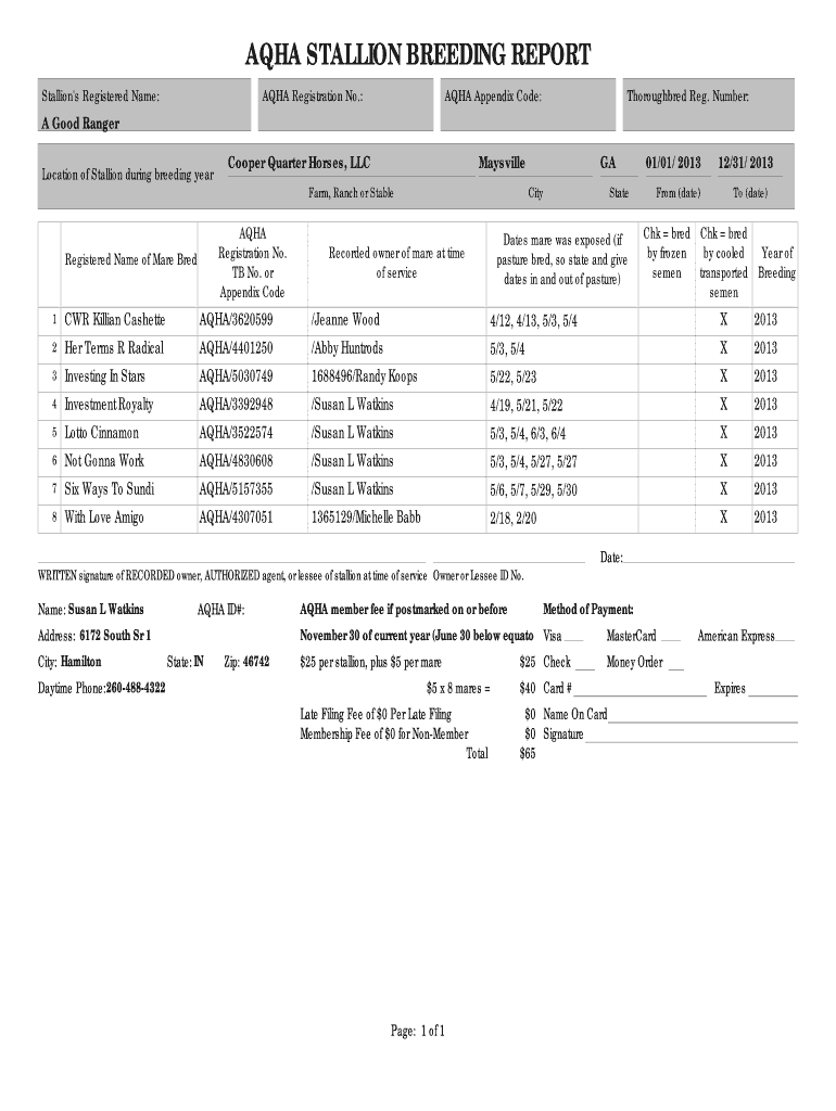 Fillable Online Stallion Breeding Report Inquiries Form - AQHA Fax ...