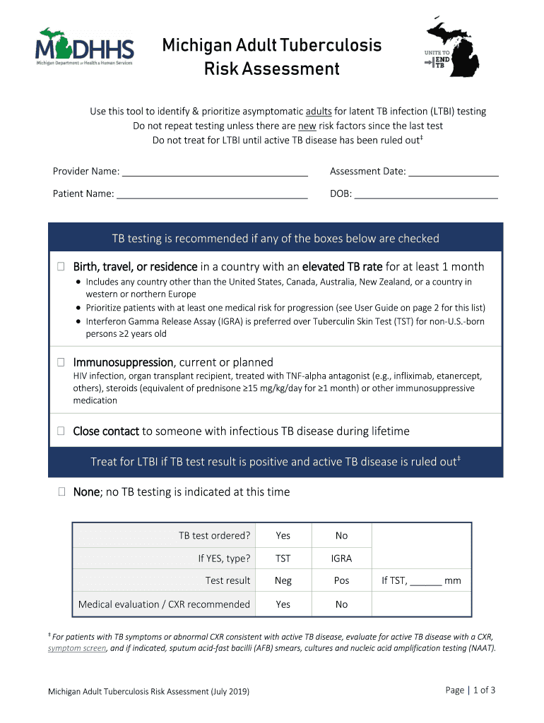 Fillable Online Michigan Adult Tuberculosis Risk Assessment - Area ...