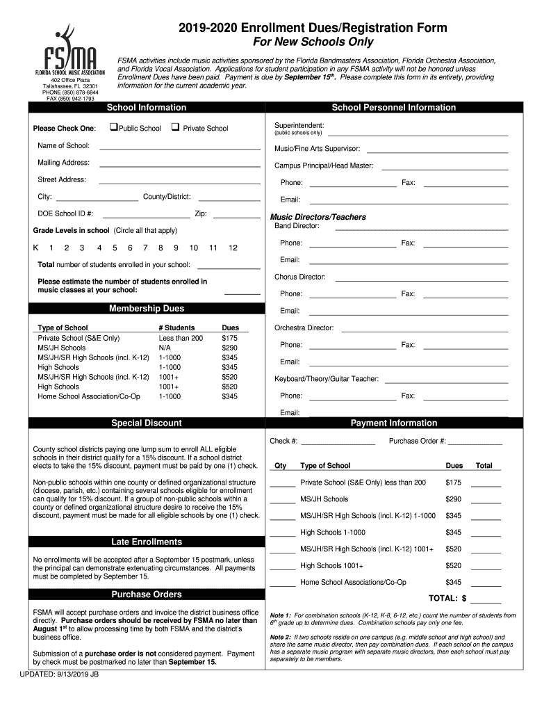 Fillable Online 2019-2020 Enrollment Dues/Registration Form - Florida ... Fax Email Print ...