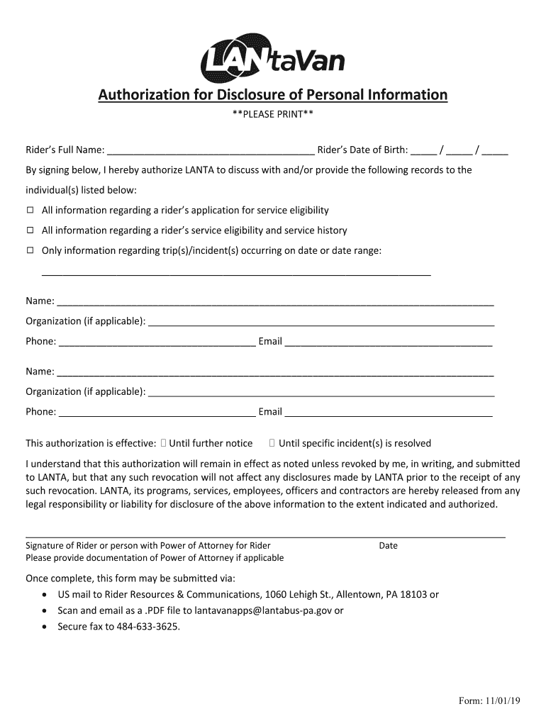 Fillable Online Application for LANtaVan Paratransit Services For ...