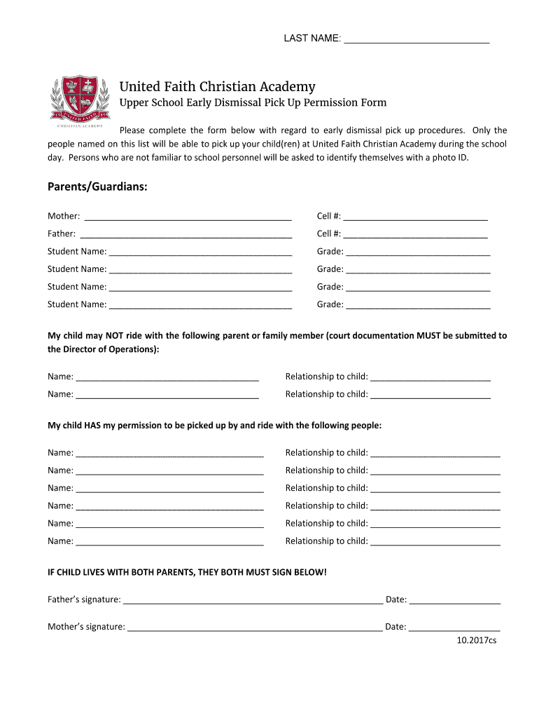 Fillable Online George L. Hess Educational Complex Parent Pick-Up ...