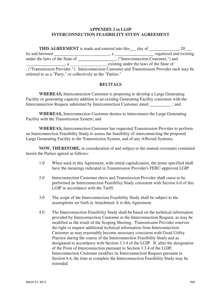 Fillable Online INTERCONNECTION FEASIBILITY STUDY AGREEMENT ... Fax Email Print - pdfFiller