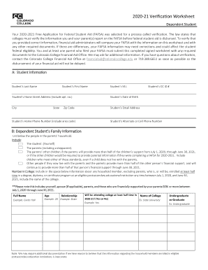 Fillable Online 2020-2021 Dependent Verification Worksheet Fax Email Print - pdfFiller
