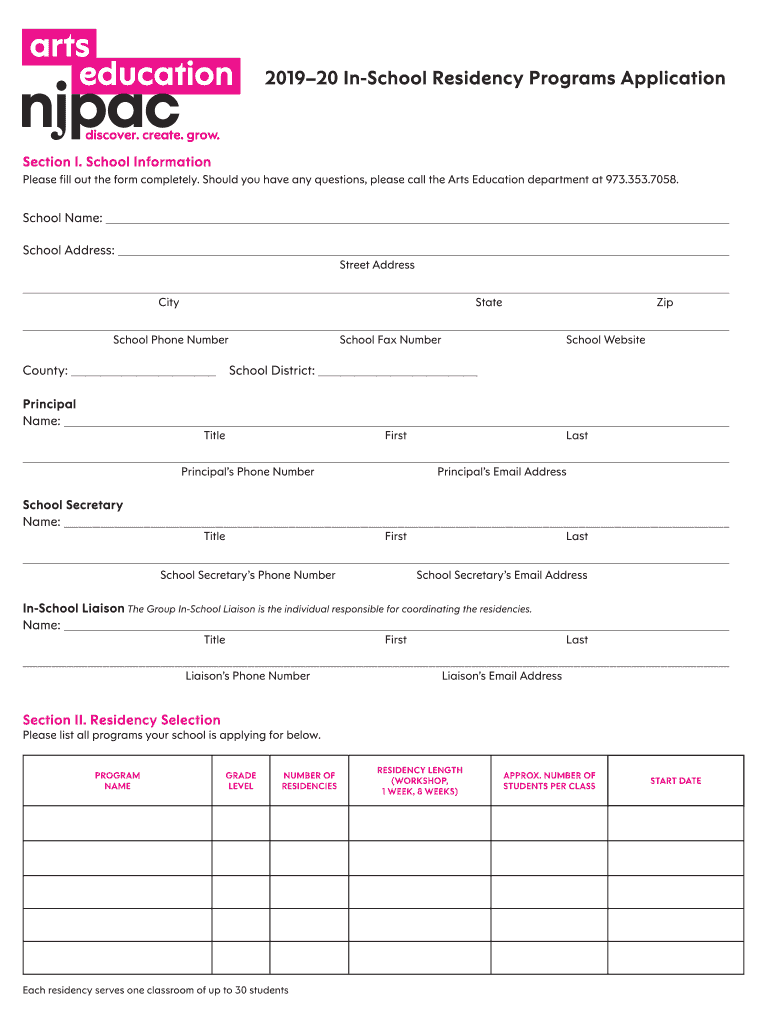 Fillable Online 201920 In-School Residency Programs Application - NJPAC Fax Email Print - pdfFiller