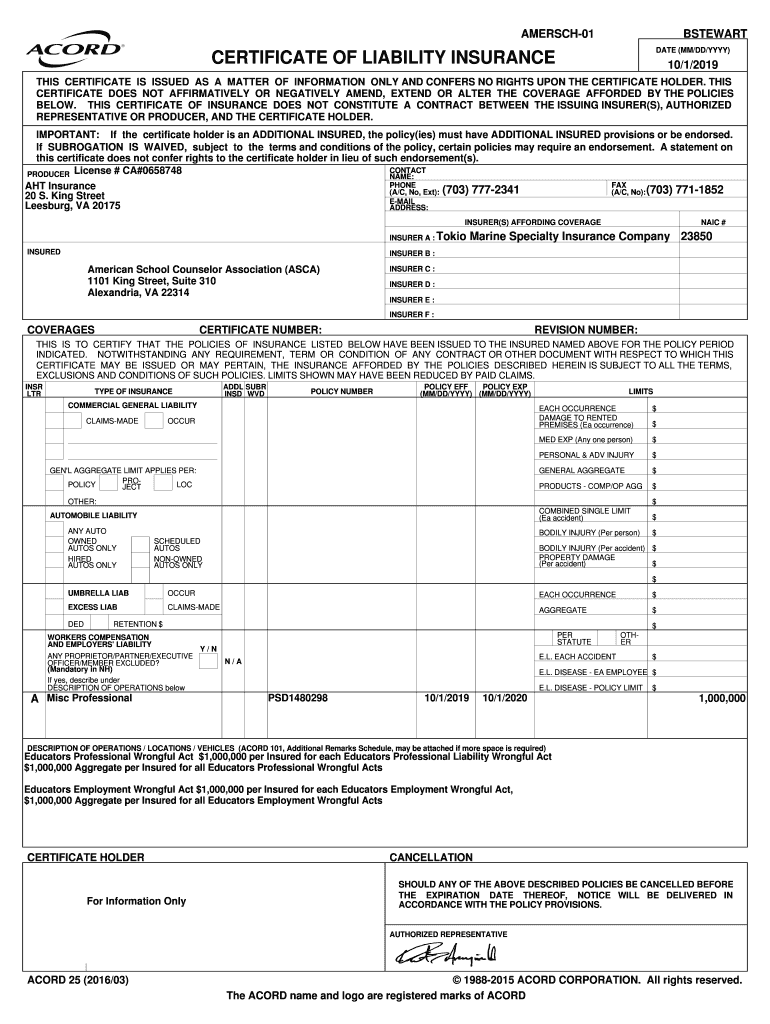 Fillable Online certificate of liability insurance - American School ...