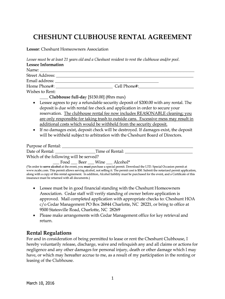 Fillable Online cheshunt clubhouse rental agreement - Cheshunt HOA Fax ...