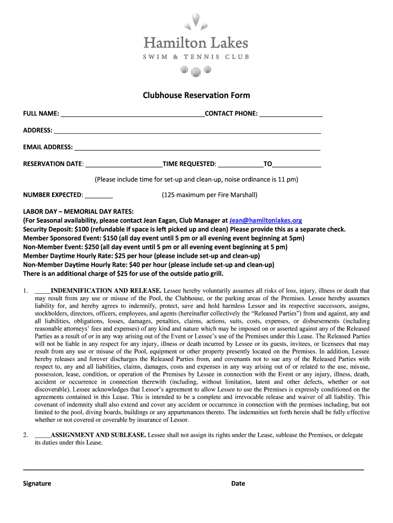Fillable Online Clubhouse Rental Agreement - The Reserve Community Fax ...
