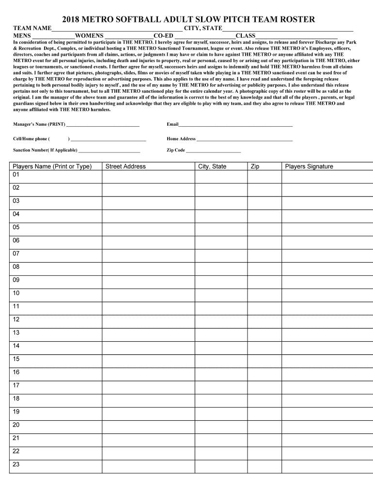 Fillable Online 2018 METRO SOFTBALL ADULT SLOW PITCH TEAM ROSTER Fax ...