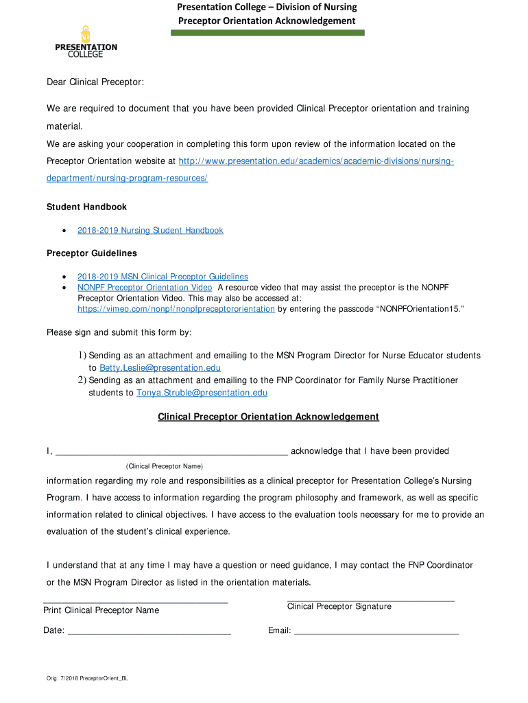 Fillable Online PC Clinical Preceptor Orientation Acknowledgment Form ...