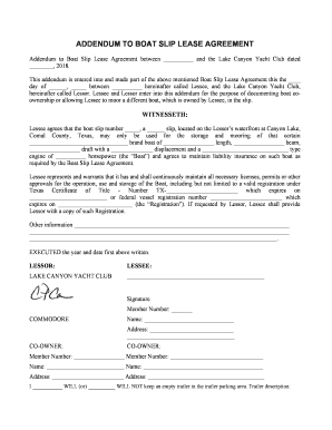 Fillable Online addendum to boat slip lease agreement - Lake Canyon ...
