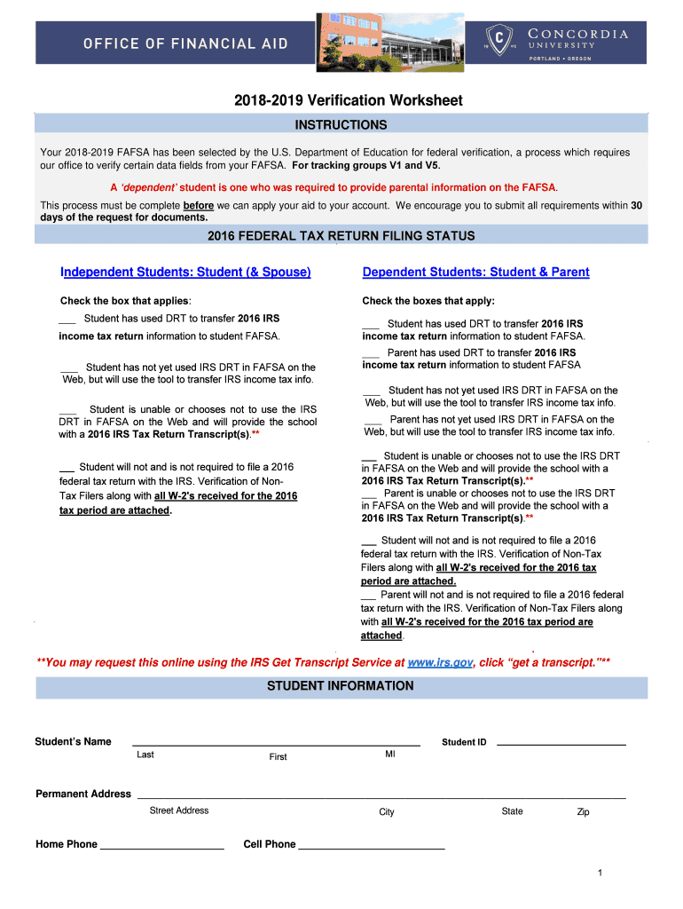 Fillable Online 2018-2019 Verification Worksheet - Concordia University ... Fax Email Print ...