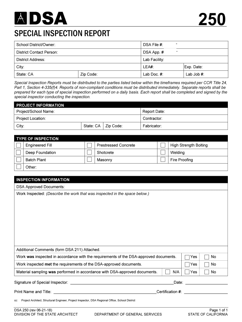 Fillable Online Form DSA 250: Special Inspection Report - State of ...
