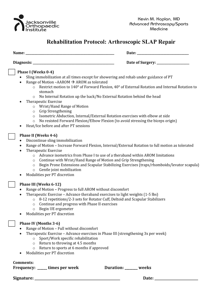 Fillable Online Rehabilitation Guidelines For SLAP Lesion Repair - UW ...