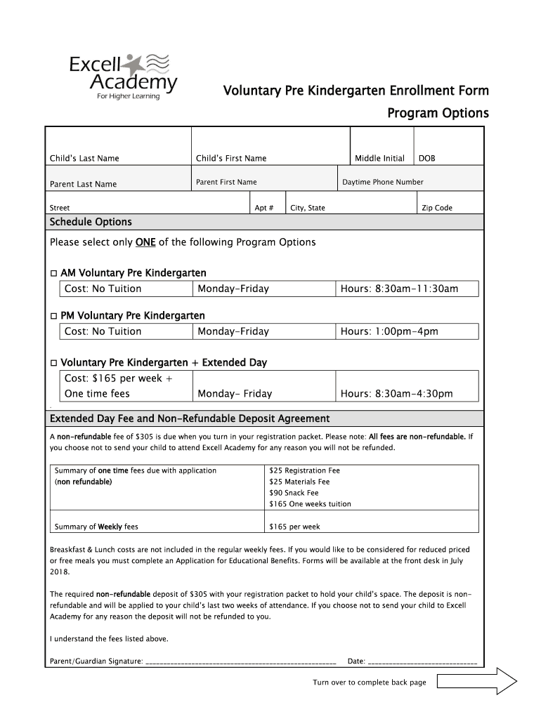 Fillable Online Voluntary Pre Kindergarten Enrollment Form Fax Email ...