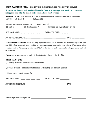 Fillable Online CAMP PAYMENT FORM (FILL OUT THE ENTIRE FORM. TOP AND ...