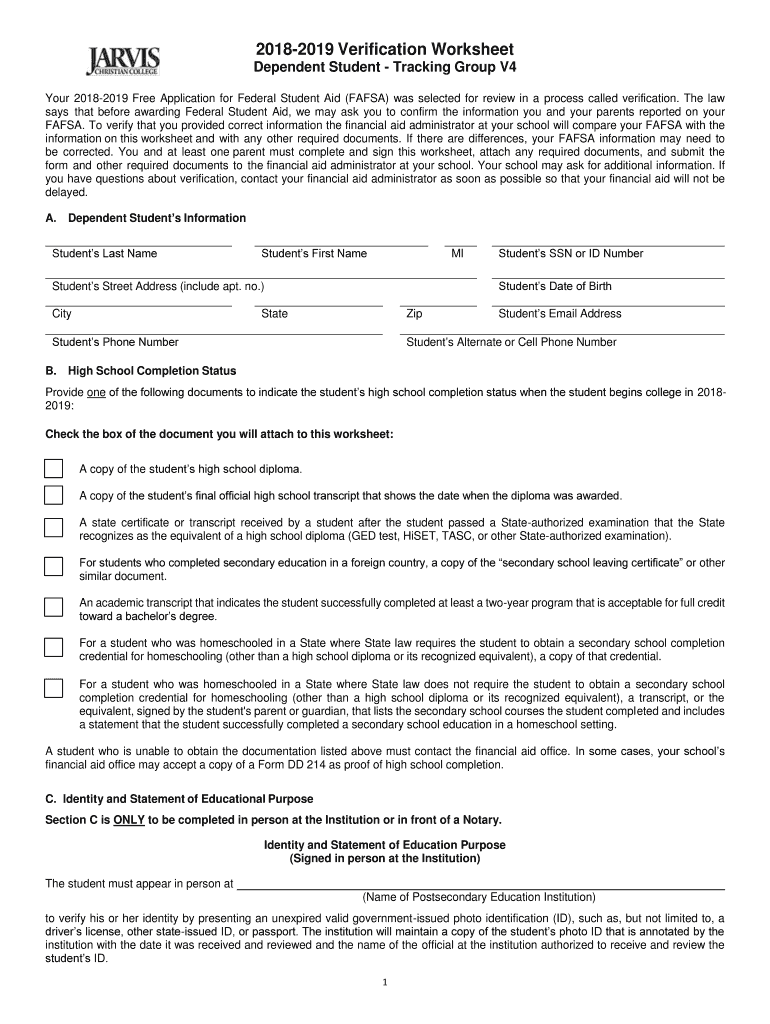 Fillable Online jccweb jarvis 2018-2019 Verification Worksheet Dependent Student - City ... Fax ...