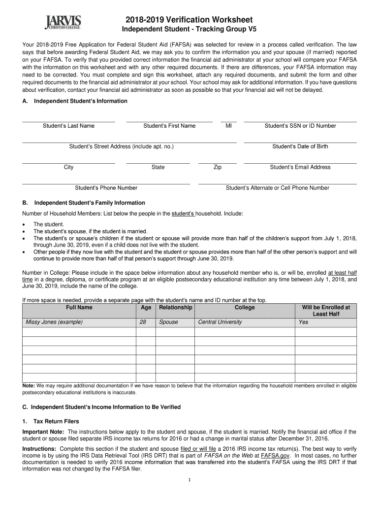 Fillable Online jccweb jarvis 2018-2019 Verification Worksheet Independent Student - City ...