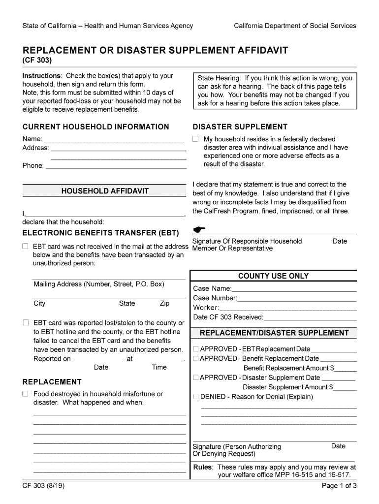 Fillable Online replacement affidavit/authorization (cf 303) - CDSS - State of ... Fax Email ...