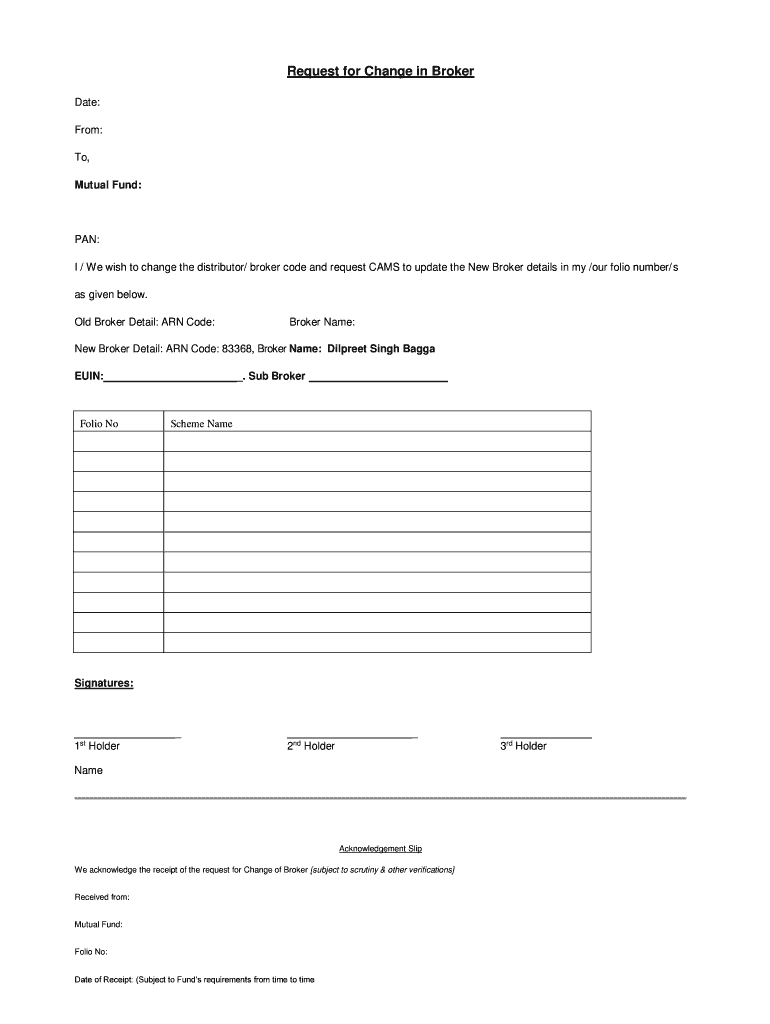 Fillable Online Request for Change in Broker Acknowledgement Slip Fax ...