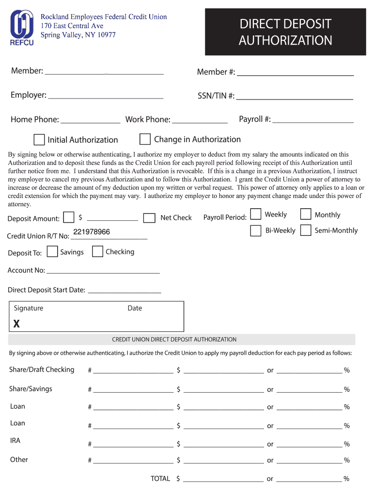 Fillable Online DIRECT DEPOSIT AUTHORIZATION - refcu.org Fax Email ...