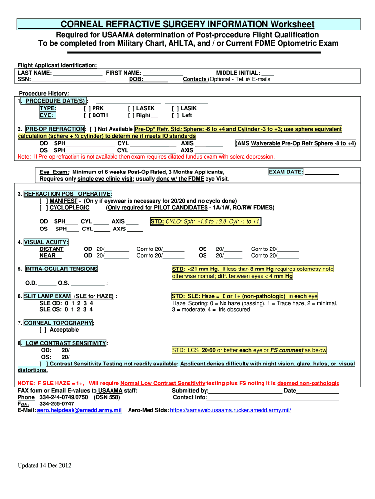 Fillable Online Corneal Refractive Surgery Worksheet Dec 20121 - Army ...