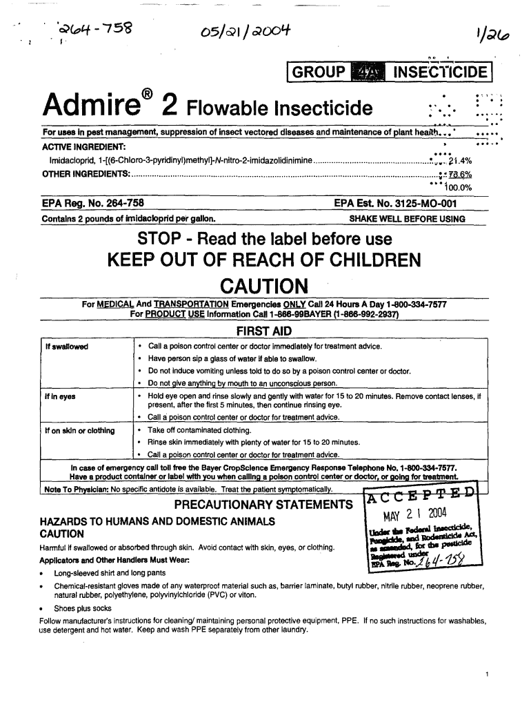 Fillable Online U.S. EPA, Pesticide Product Label, ADMIRE 2 FLOWABLE ...