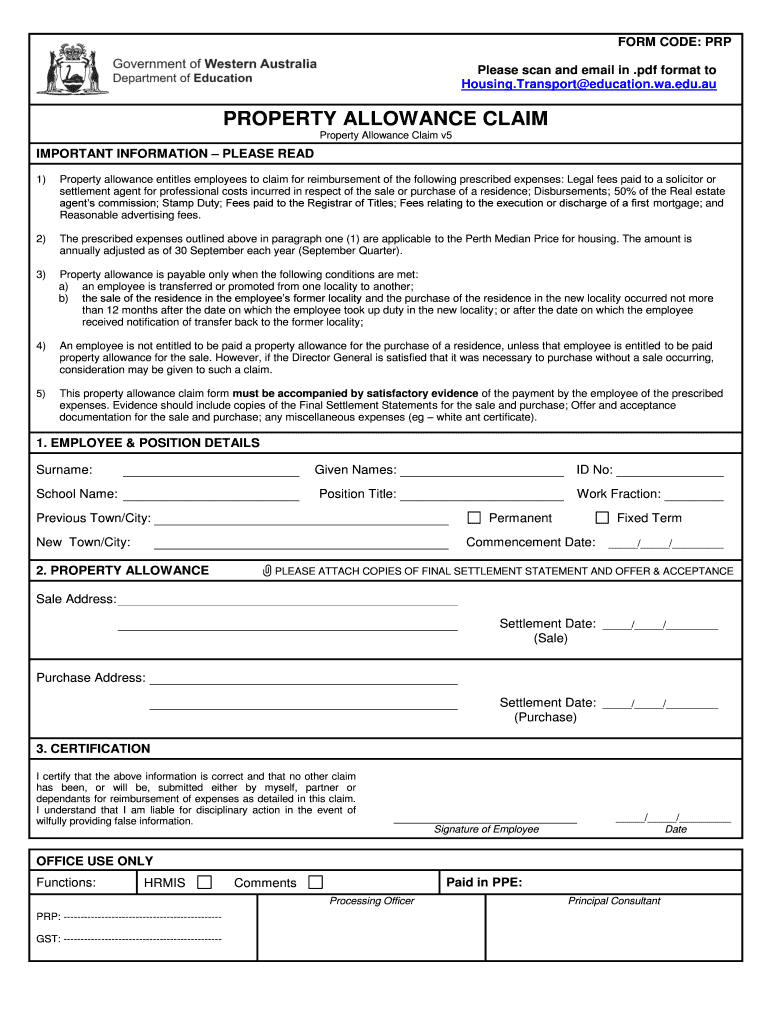Fillable Online PROPERTY ALLOWANCE CLAIM - Department of Education Fax ...