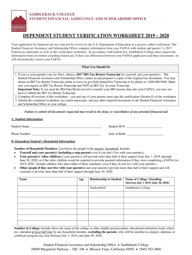 Fillable Online dependent student verification worksheet 2019 2020 Fax ...
