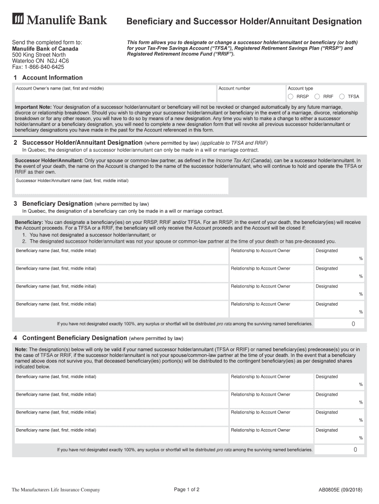 Fillable Online DesignationBeneficiary/successor holder/annuitant ...