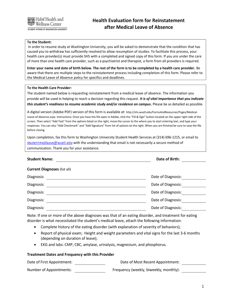 Fillable Online Health Evaluation form for Reinstatement after Medical ...