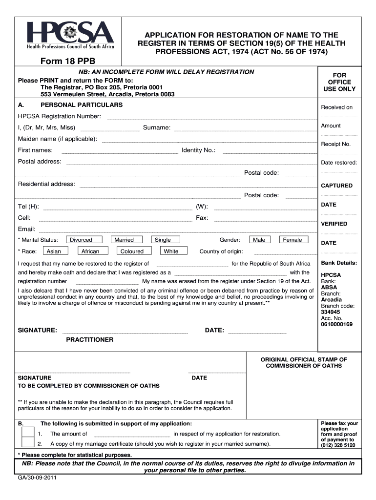 Fillable Online hpcsa co Hpcsa Form 18 - Fill Online, Printable ...