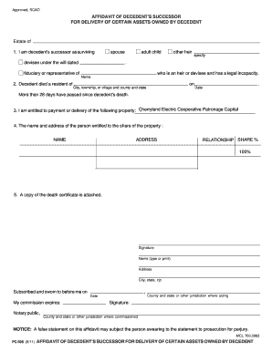 Fillable Online Approved, SCAO AFFIDAVIT OF DECEDENT'S SUCCESSOR FOR ...