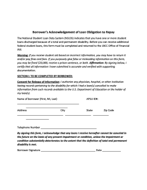 Fillable Online Borrowers Acknowledgement of Loan Obligation to Repay ...
