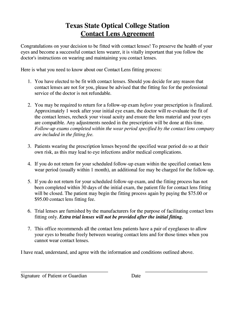 Fillable Online Texas State Optical College Station Contact Lens ...