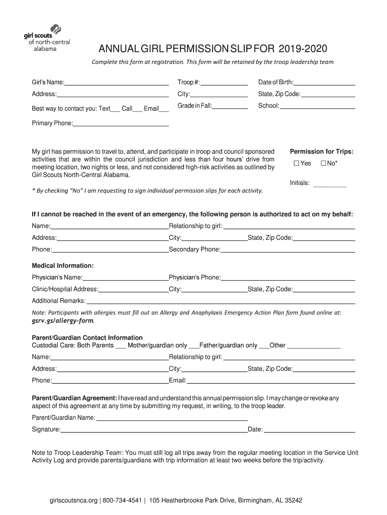 Fillable Online Annual Girl Permission Form 2019-20 - Girl Scouts of ...