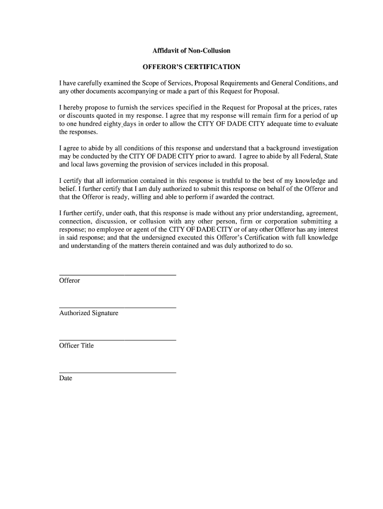 Fillable Online Affidavit of Non-Collusion OFFEROR'S CERTIFICATION I ...