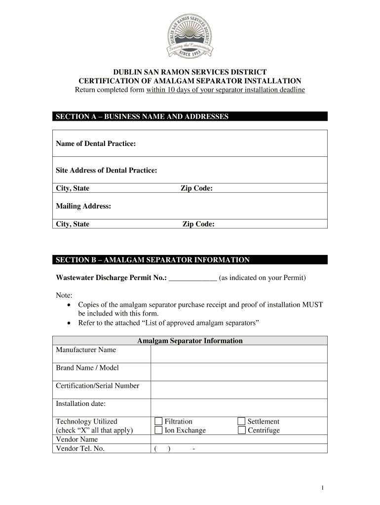 Fillable Online Certification of Amalgam Separator Installation Fax ...