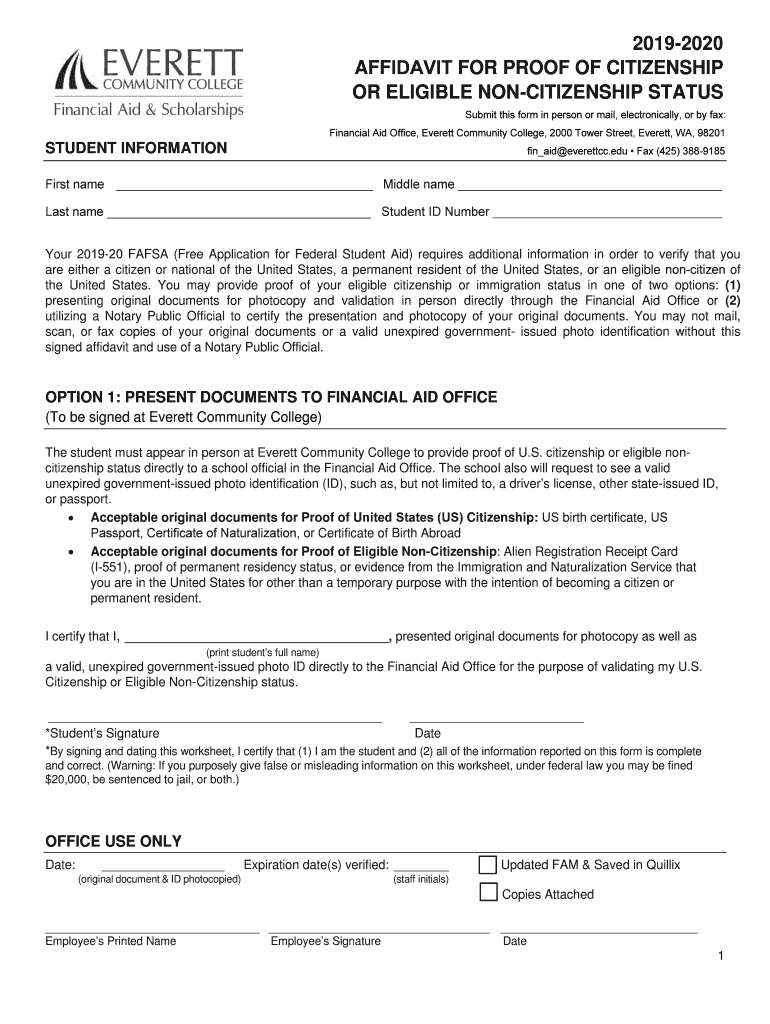 Fillable Online 2019-2020 Proof of Citizenship or Eligible Non ...