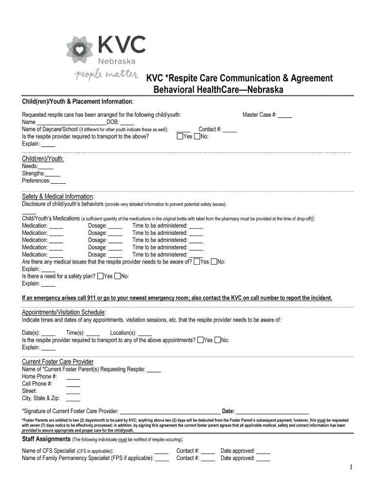 Fillable Online respite care agreement - KVC Nebraska Fax Email Print ...