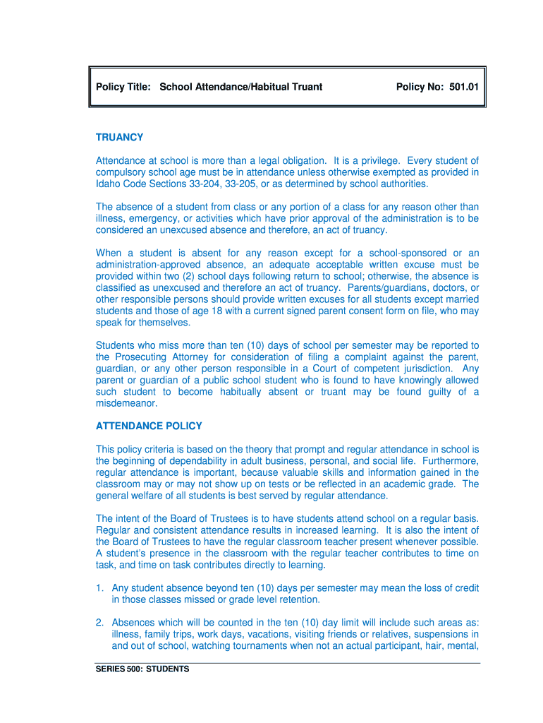 Fillable Online Fillable Online Policy Title: School Attendance ...