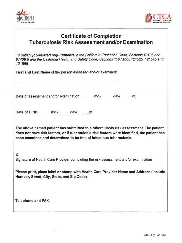 Fillable Online Certificate of Completion Tuberculosis Risk Assessment ...