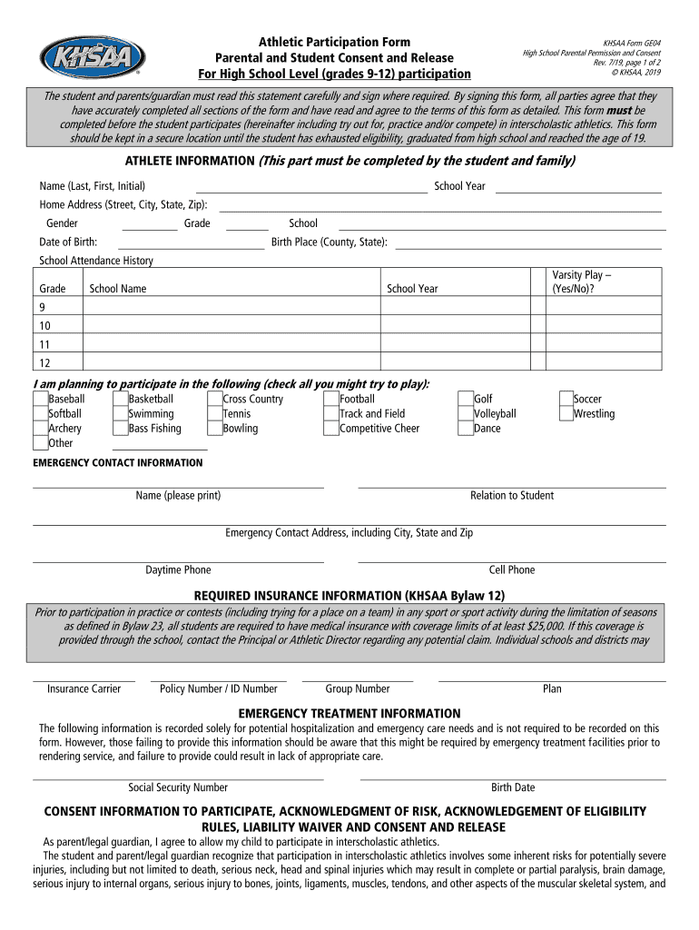 Fillable Online Athletic Participation/Physical Examination Form - High School. Athletic ...