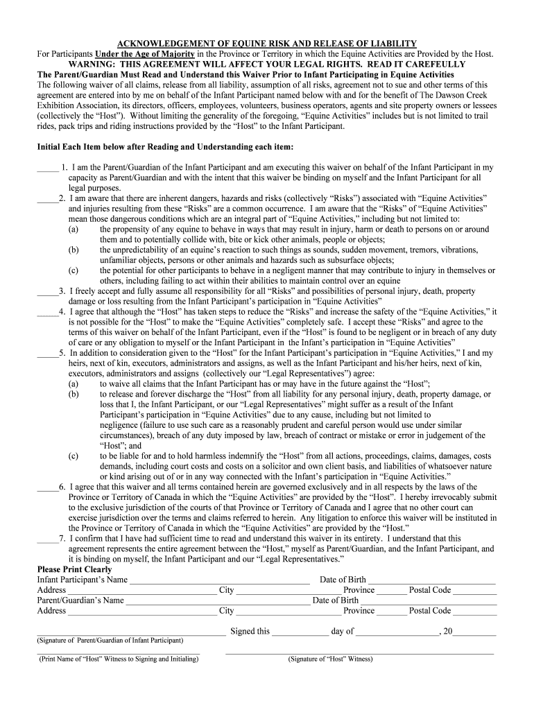 Fillable Online Acknowledgement of Equine Risk and Release of Liability ...