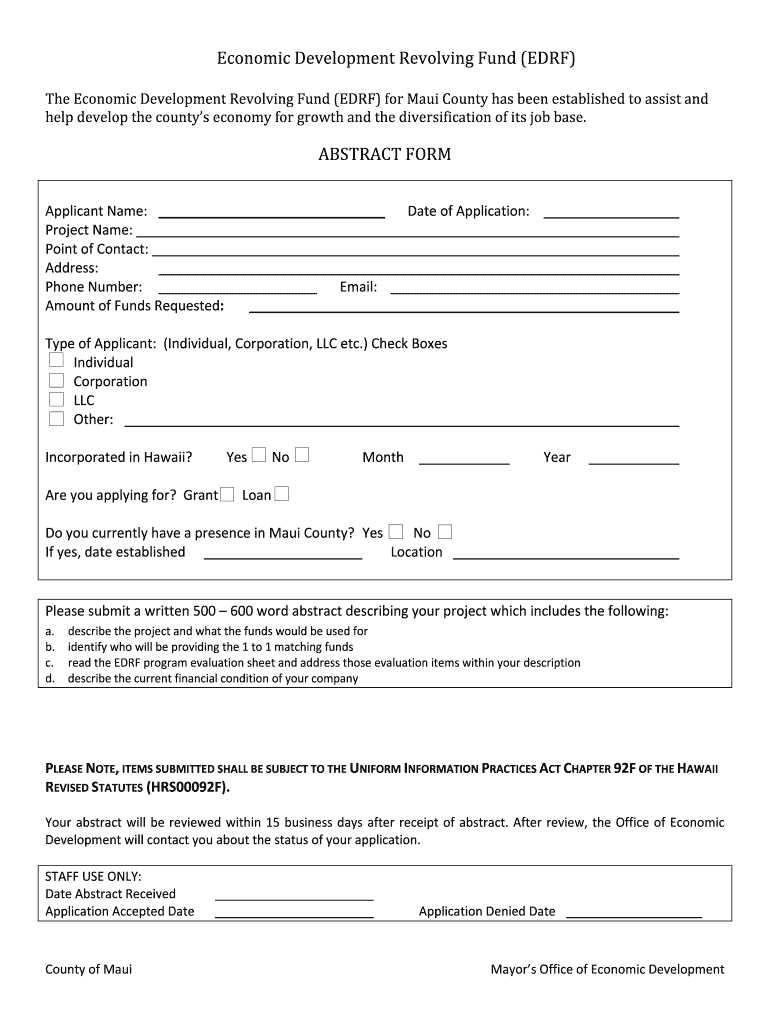 Fillable Online Economic Development Revolving Fund (EDRF) ABSTRACT ...