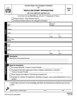 Fillable Online Form S-3, Vermont Sales Tax Exemption Certificate for ...