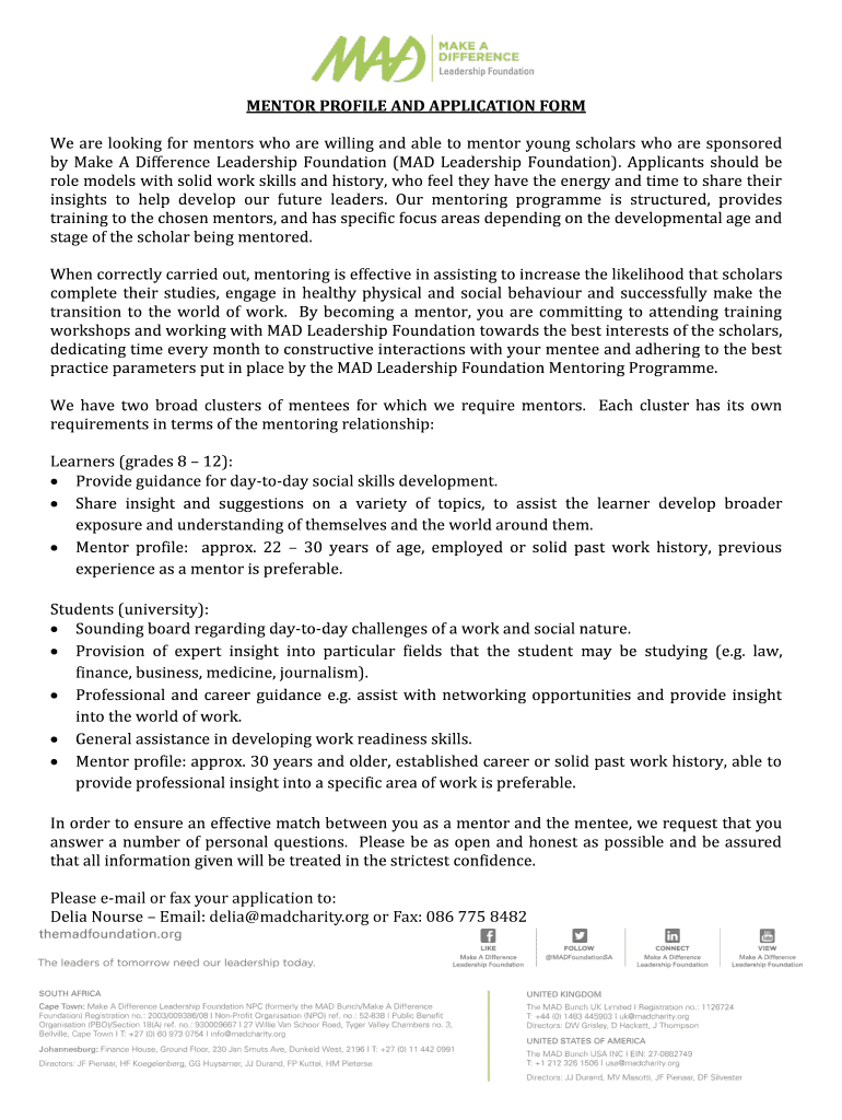 Fillable Online MENTOR PROFILE AND APPLICATION FORM - Make A Difference ...