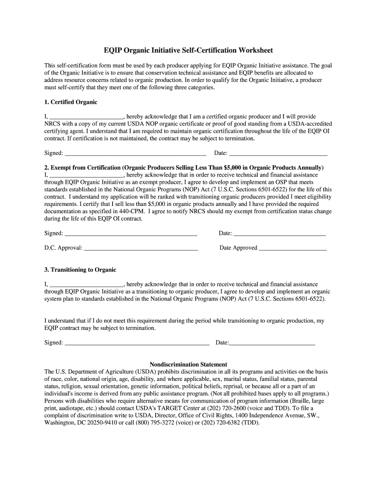 Fillable Online EQIP Organic Initiative Self-Certification Worksheet ...