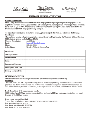 Fillable Online EMPLOYEE HOUSING APPLICATION General Information ...